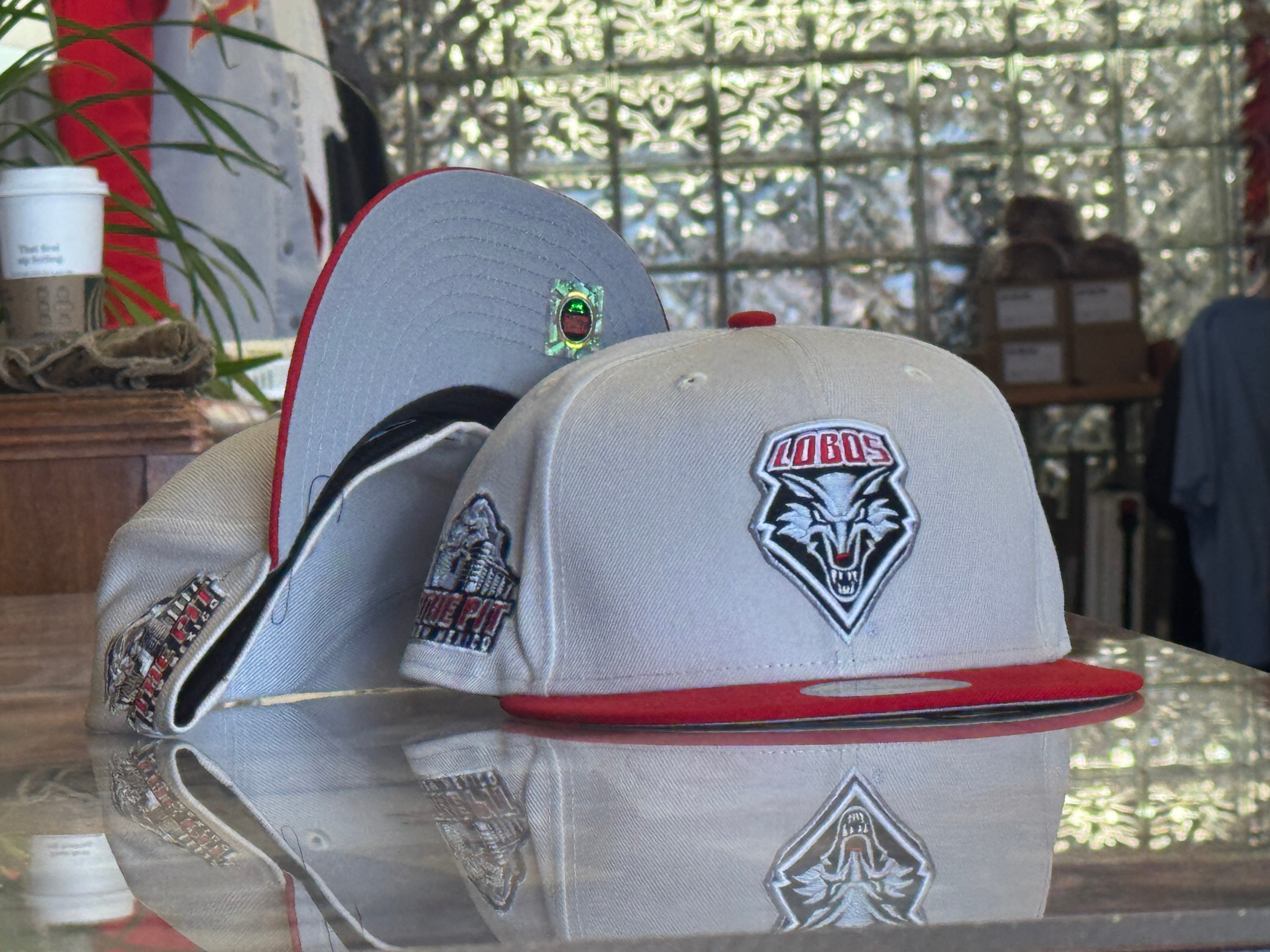 UNM New Era 5950 Stone cap, UNM Shield, "Pit Crawler" side with Red Bi ...